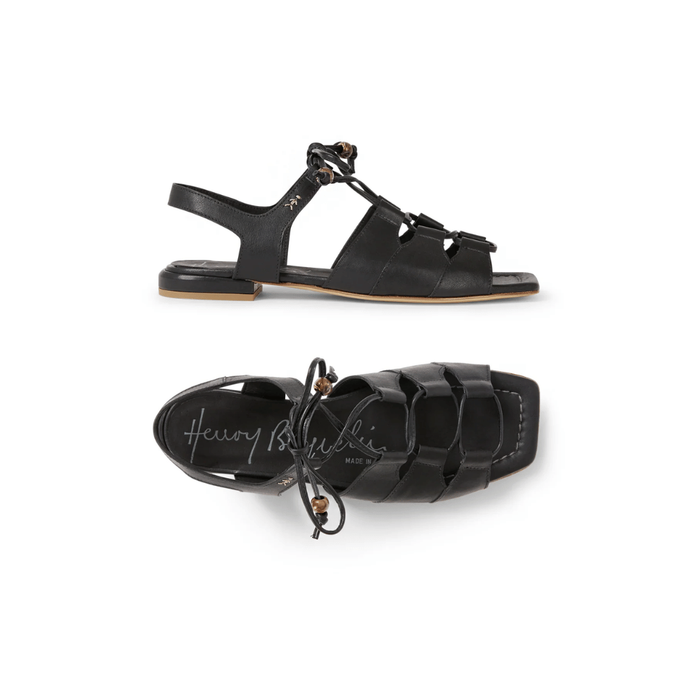 Vacchetta Lace-Up Flat Leather Sandals in Black – Riada Concept